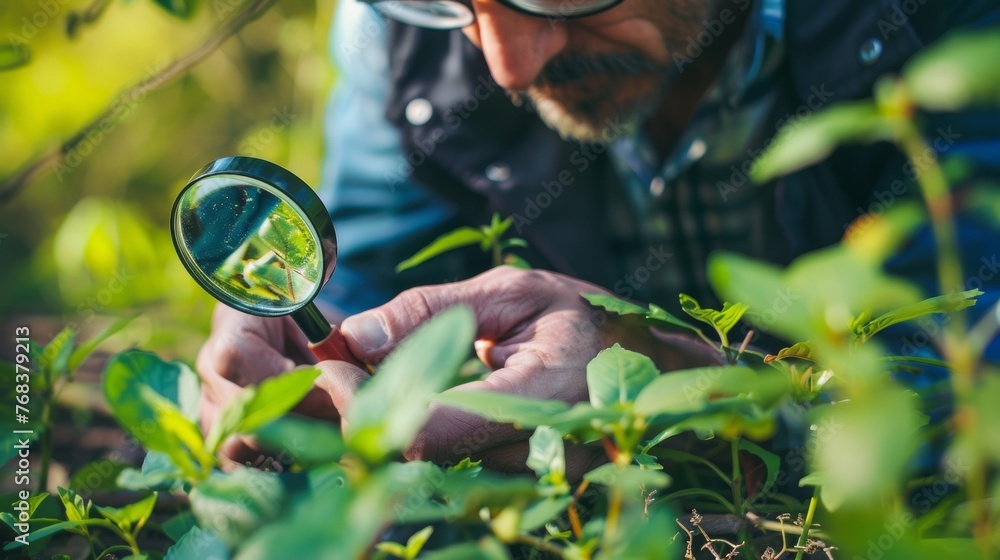 The scientist bends down to inspect a plant gently touching the leaves ...