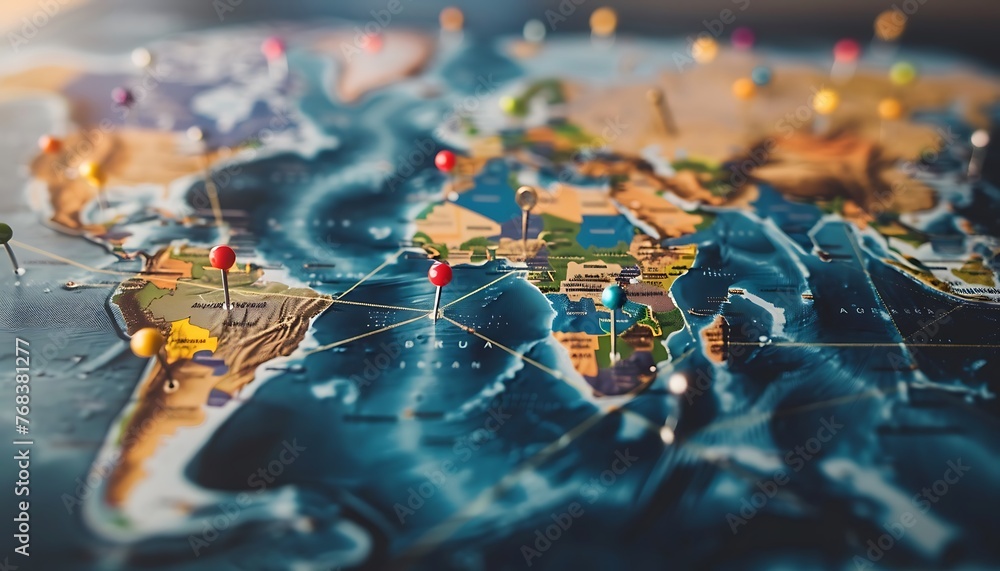 World map with pins and connecting lines illustrates global business ...
