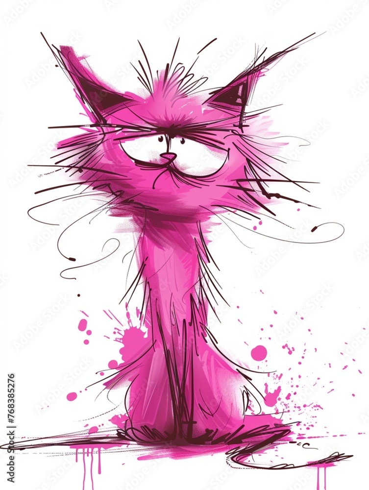Ink-pink cartoon frazzled cute cat, depicting a nervous feline against ...