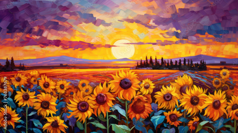oil painting fauvism field of sunflowers at sunset in purple and orange ...