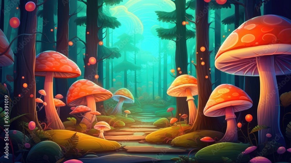 cartoon magical forest bathed in moonlight, with radiant mushrooms and ...