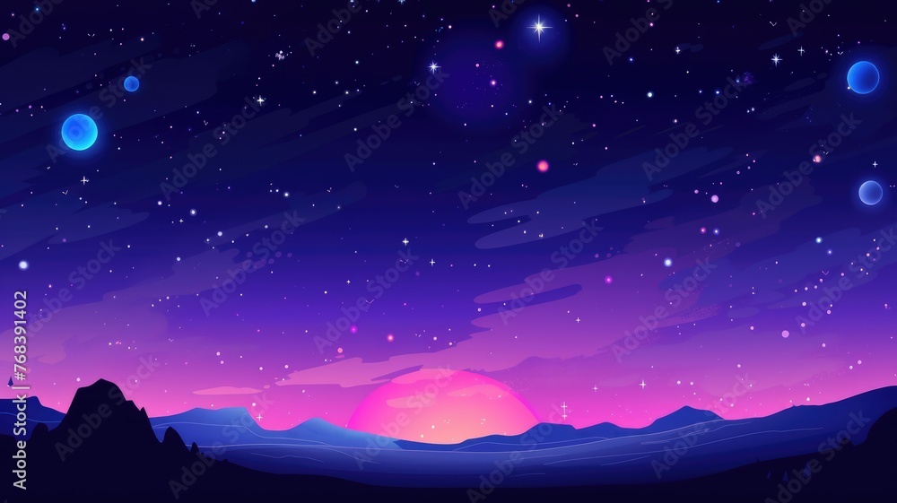 cartoon mystical nightscape with a radiant moon, glistening stars, and ...