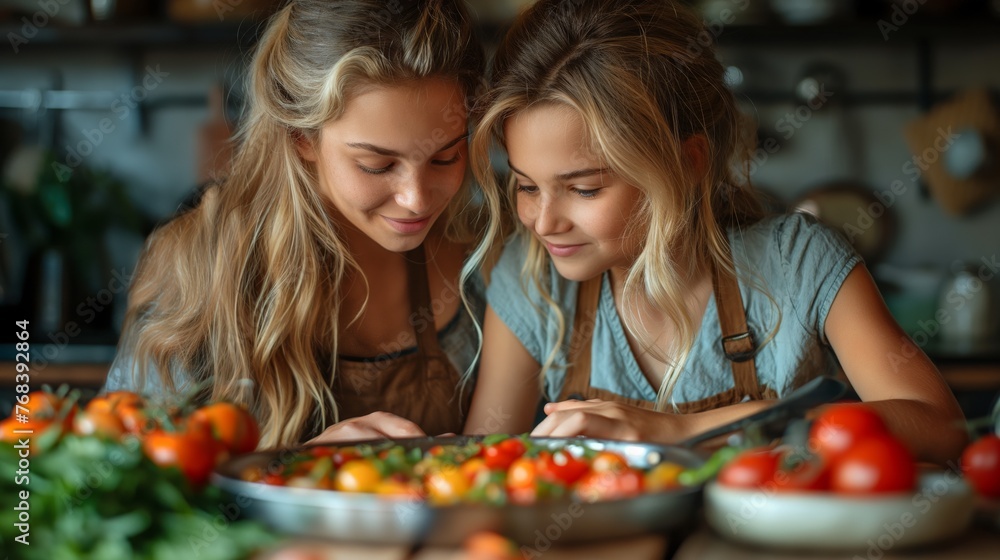 Mother and daughter cooking together in modern kitchen. Overjoyed mom ...