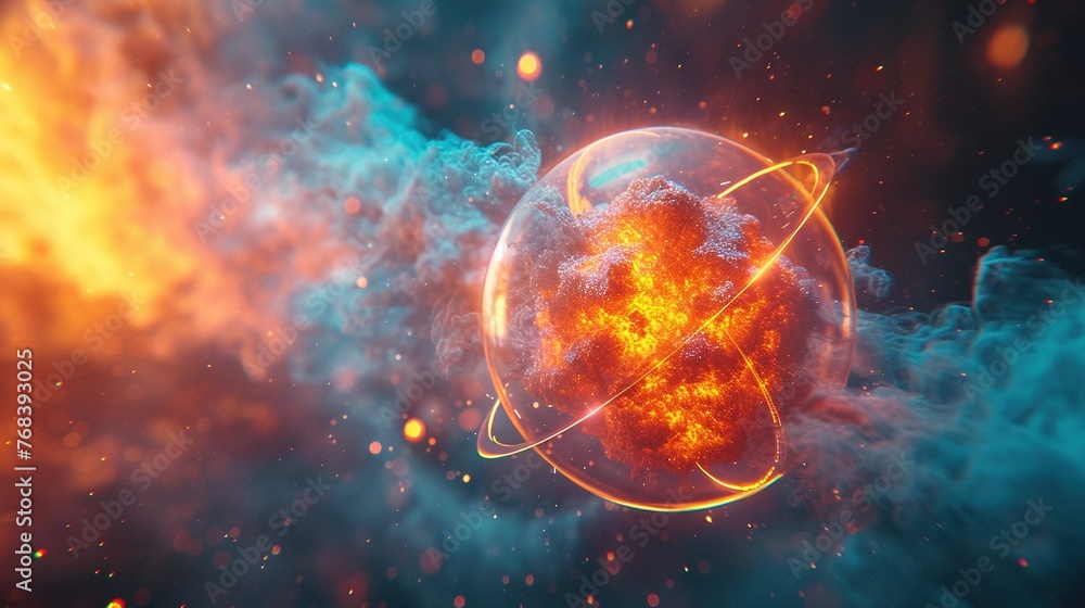 Concept of a close-up image of an atom model for nuclear energy. Sci-fi ...