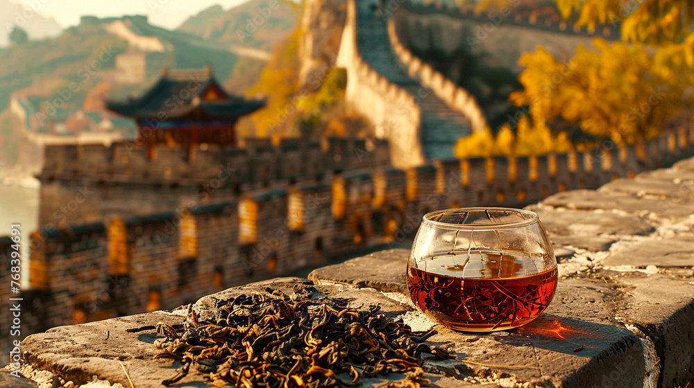Black tea streaming into a glass, creating a smooth path, with dried ...