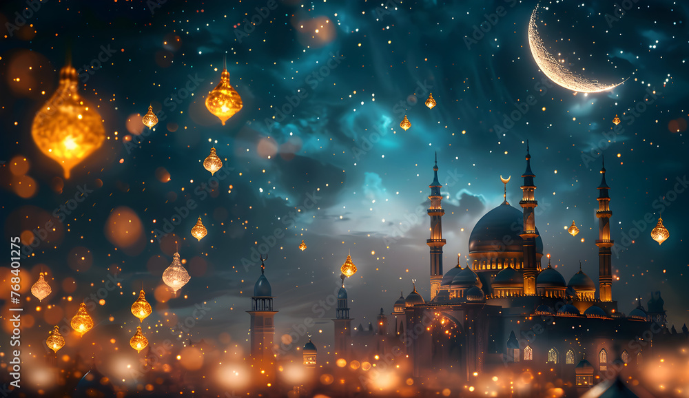 Islamic background with moon lanterns and mosque for Ramadan Eid ul ...
