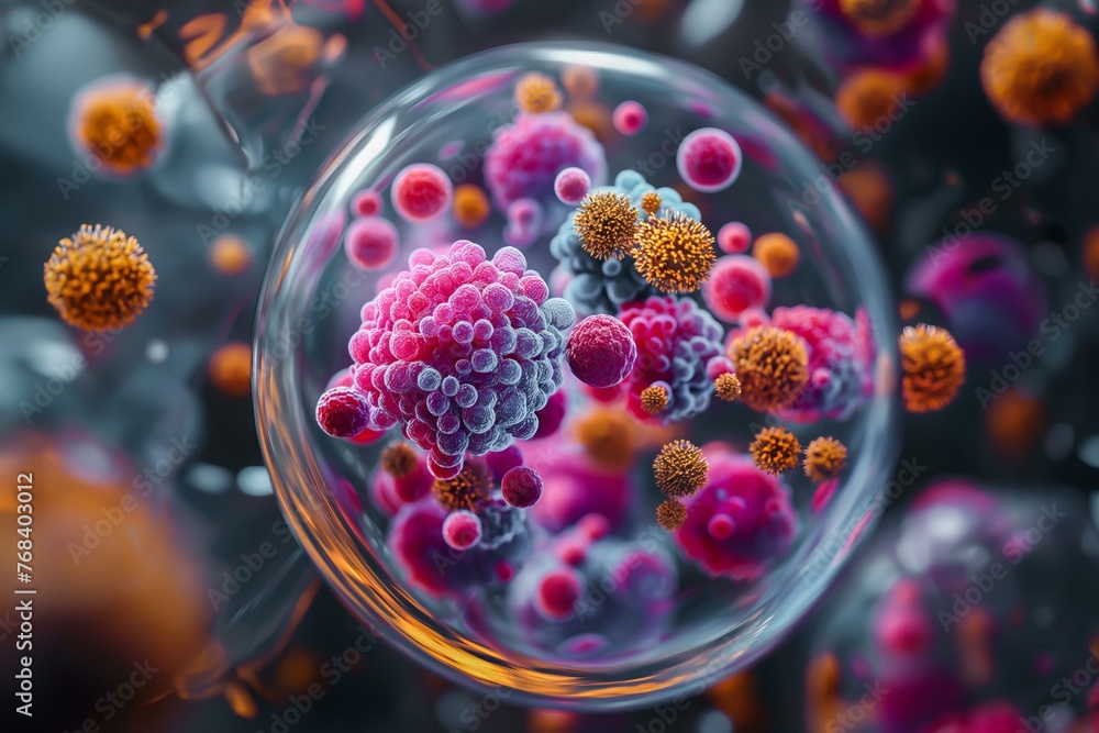 A close up of a cell with many different colored spheres. The spheres ...