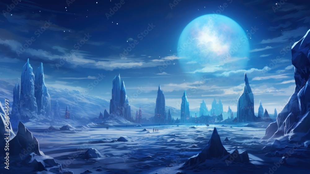 Illustrate an icy and alien planet with towering ice spires, frozen ...