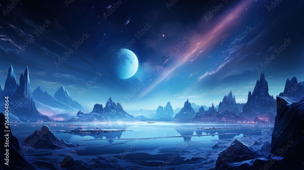 Illustrate an icy and alien planet with towering ice spires, frozen ...