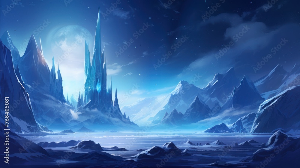 Illustrate an icy and alien planet with towering ice spires, frozen ...
