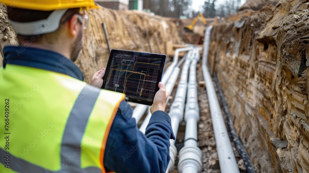 Engineer holding a tablet is inspecting the installation and laying of ...