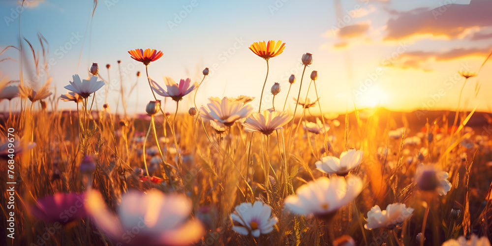 Spring Sunset, Nature backdrop. Beautiful summer meadow with wild ...