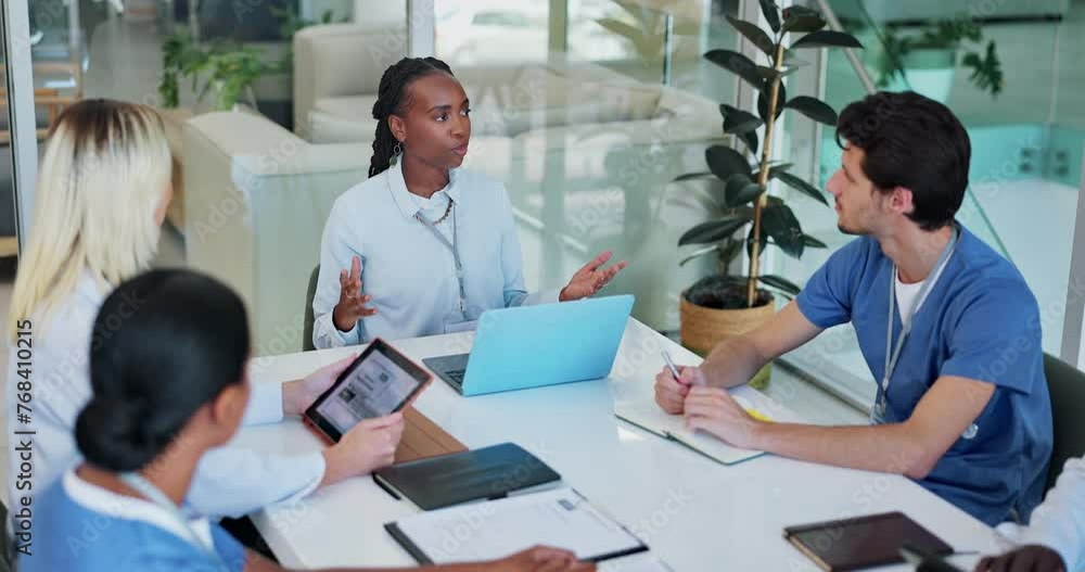 Medical, team and meeting for healthcare in conference room with ...