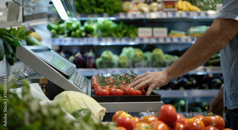 A customer at the grocery store is using an electric scale to mortar ...