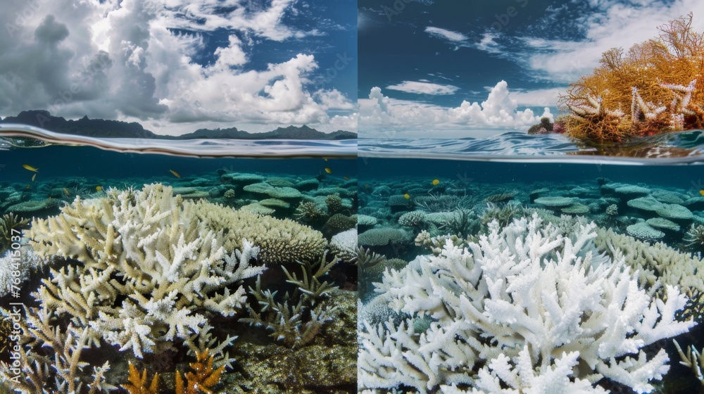 A sidebyside comparison of a healthy coral reef and a bleached one ...