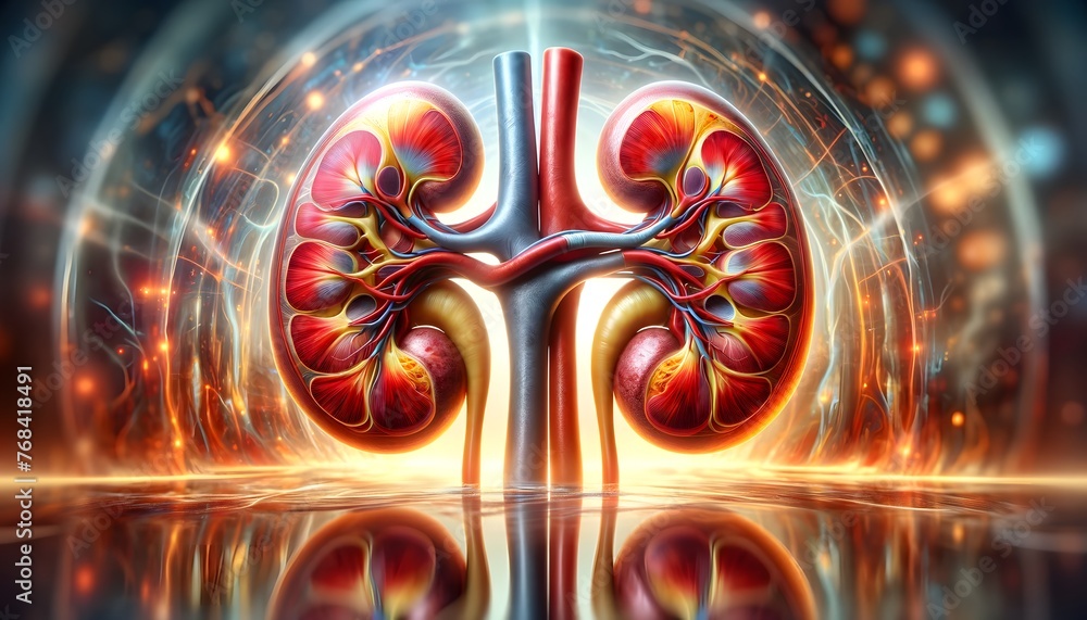artistic representation of human kidneys with a glowing, energetic ...