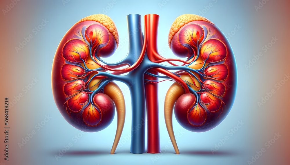 anatomically stylized illustration of human kidneys against a soft blue ...