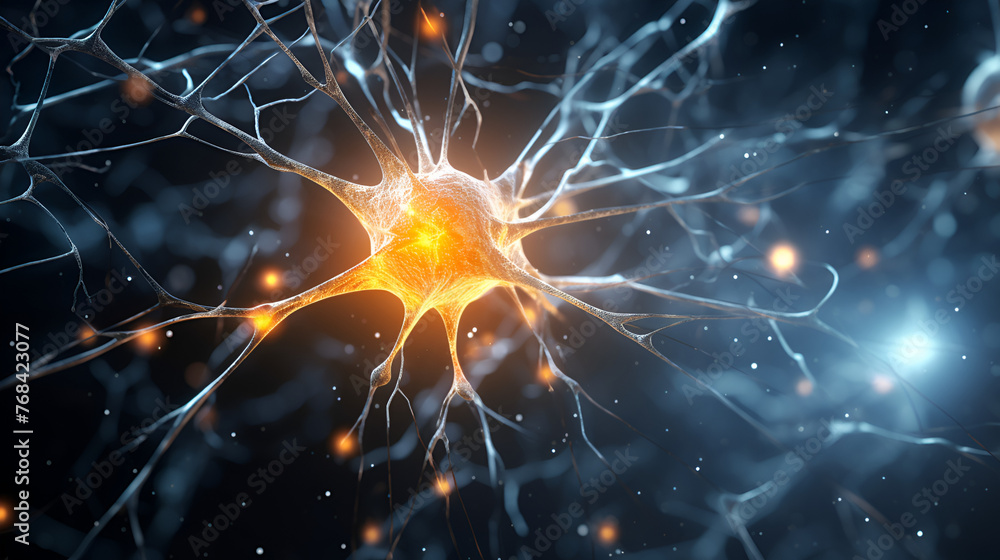 Neural cell neurons connecting to the brain neural networks blue lighted background Stock ...