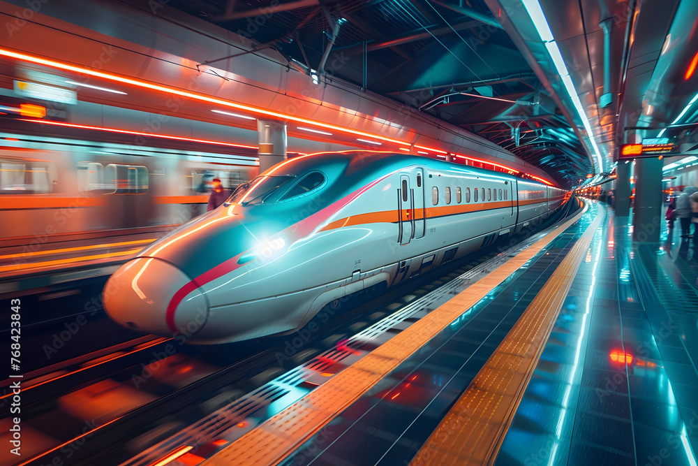 High-Speed Bullet Train in Motion Blurring Through Urban Railway ...