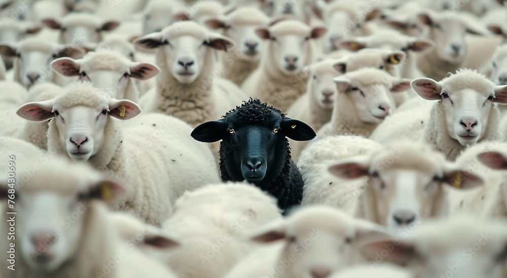 A black sheep among a flock of white sheep. Raise your head to be a ...