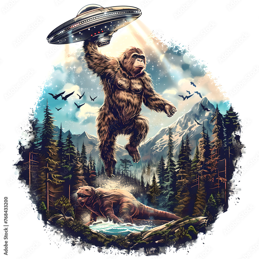 Sasquatch UFO and the Loch Ness Monster themed t-shirt design / logo / icon / tattoo Stock ...