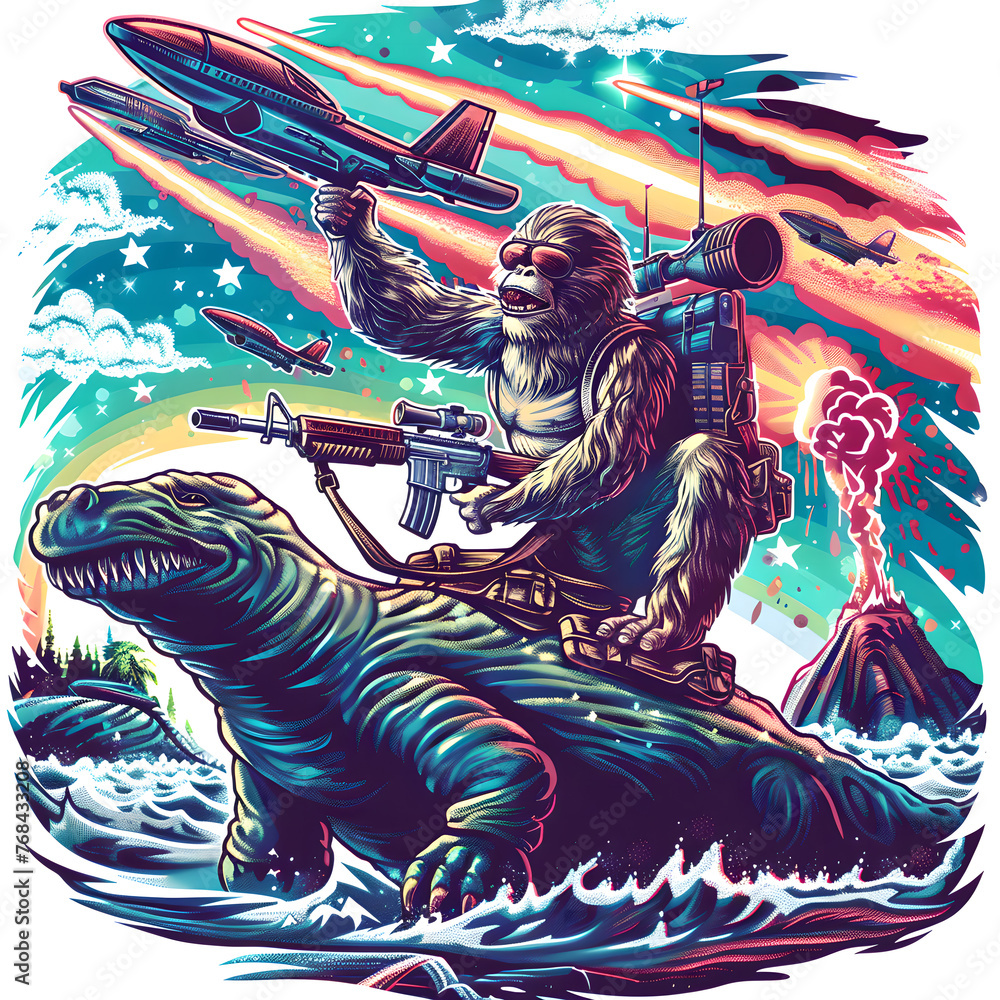 Tactical themed Sasquatch bigfoot riding the Loch Ness Monster t-shirt ...