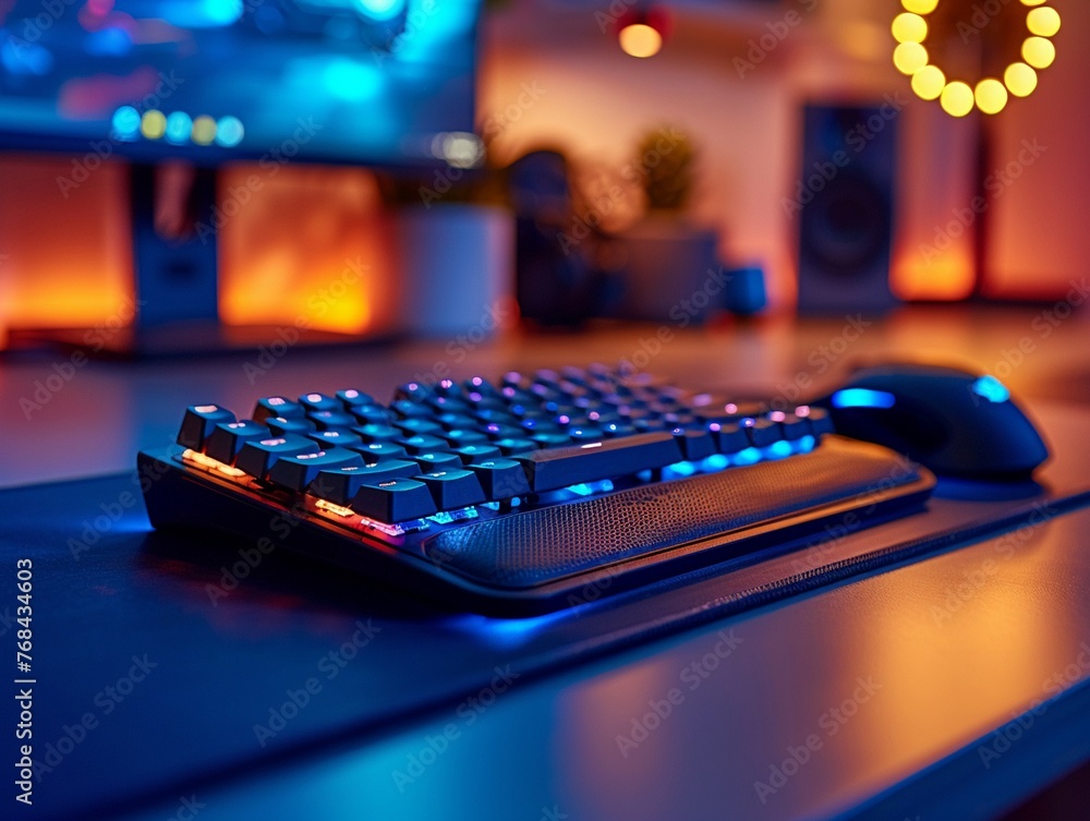 Macro shot of the latest ergonomic keyboard and mouse set on a sleek ...