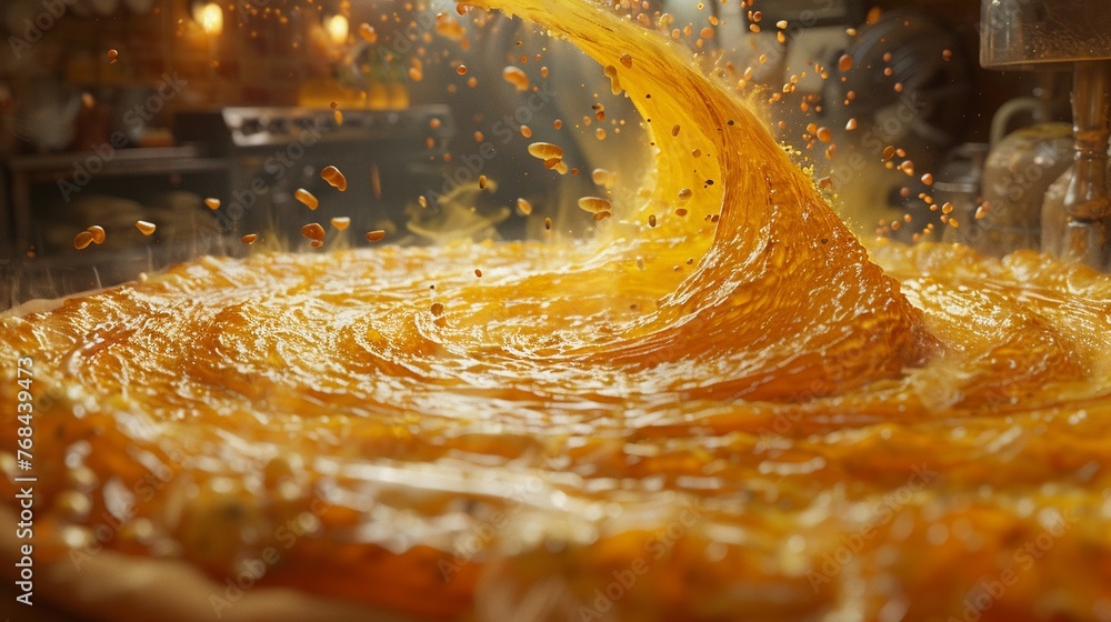A swirling cascade of melted cheese forms a visually striking ...
