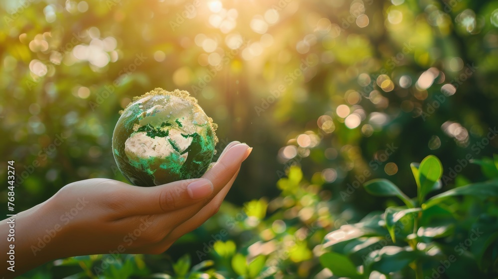 Human hand holding green earth with environmental icons sustainable ...