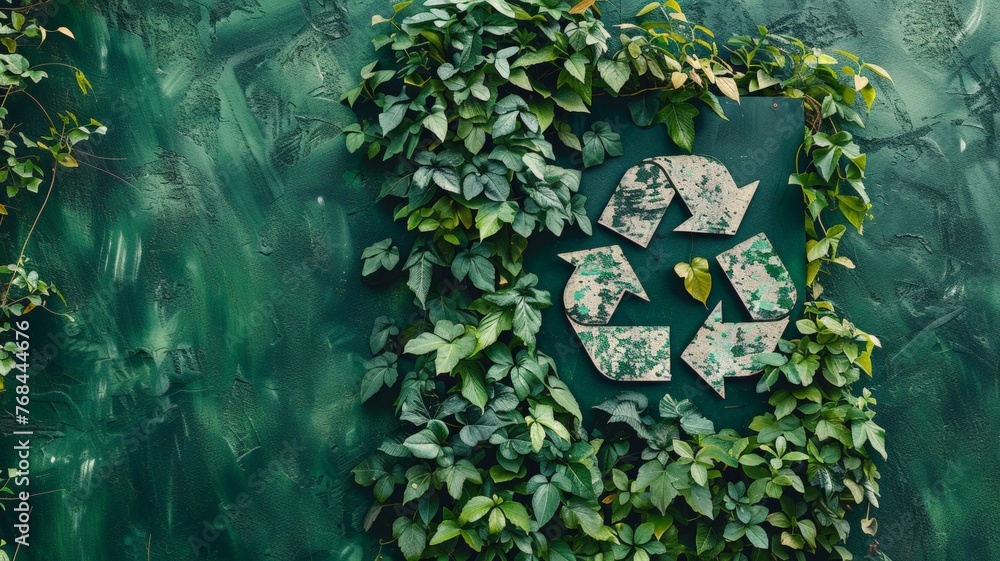 Recycle sign covered with green plants against green background.World ...