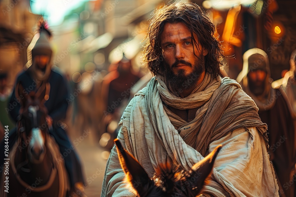 Jesus Christ riding a donkey into Jerusalem. Stock Photo | Adobe Stock