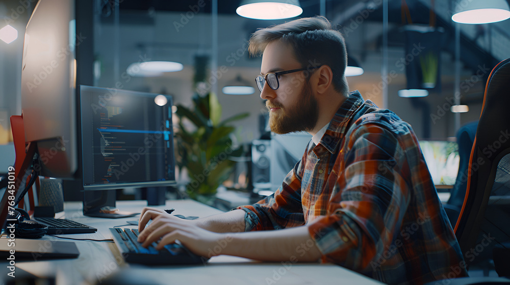 Portrait of Professional Male Developer Using Desktop Computer and ...