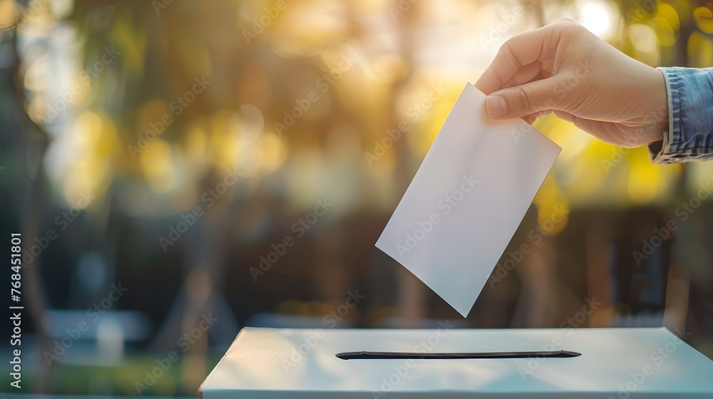 Hand casting a ballot at a polling station during golden hour. A symbol ...