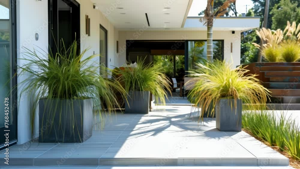 A clean and contemporary outdoor space boasting a simple patio design ...