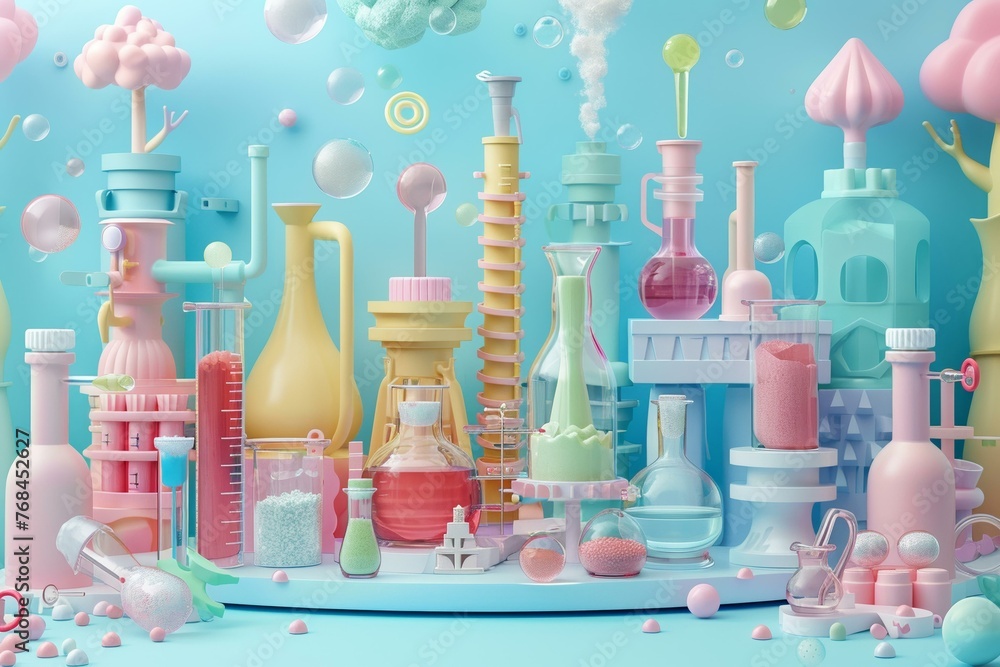 Charming 3D pastel science fair with cute experiment set Stock ...