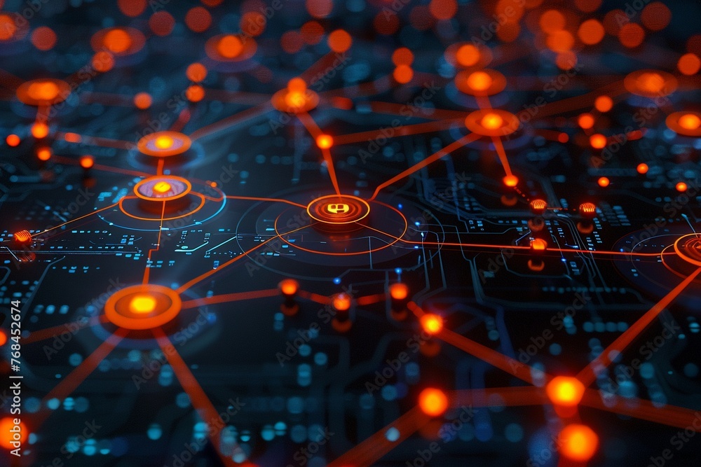 Peertopeer network diagram on a computer screen, network nodes, dark ...
