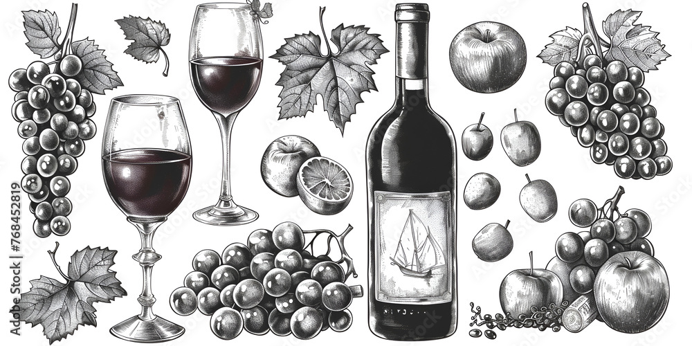 Wine stuff illustration drawing engraving ink line art. generative ai ...