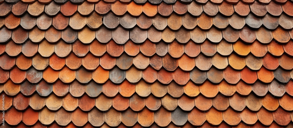 Detailed view of a roof displaying numerous wooden shingles covering ...