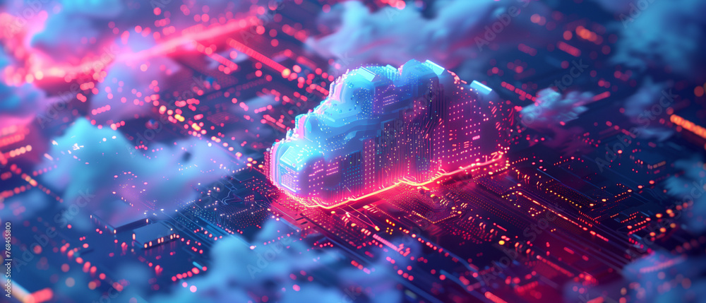 3d isometric render of cloud computing with glowing clouds and ...