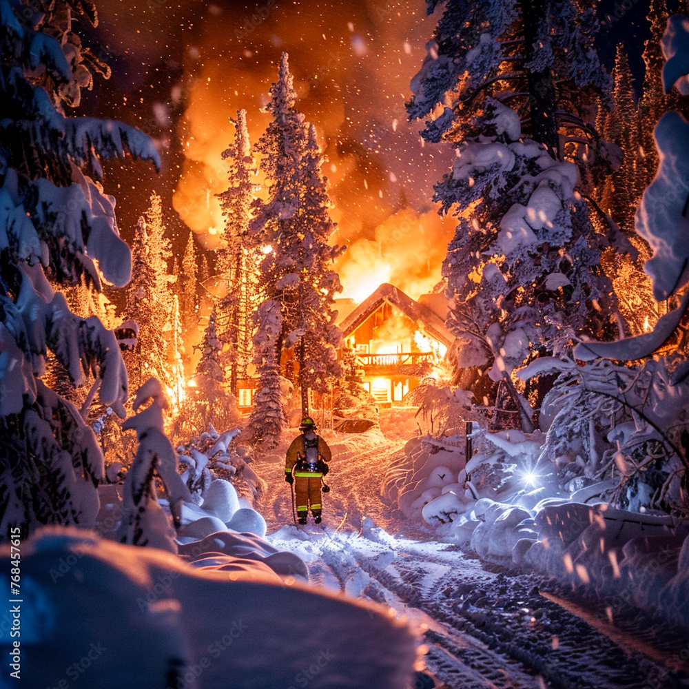 In a snowy landscape, a firefighter tackles a cabin fire, the contrast ...