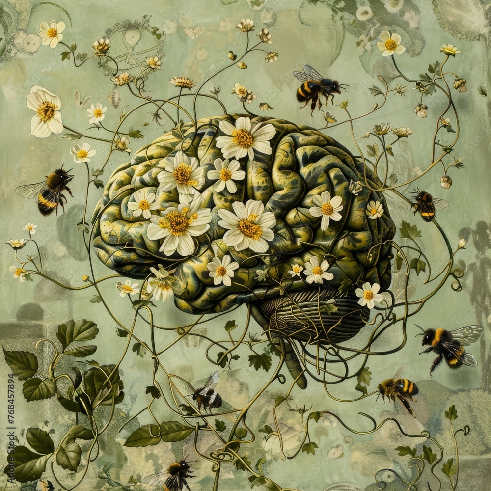 Artistic depiction of a human brain interwoven with blooming flowers ...