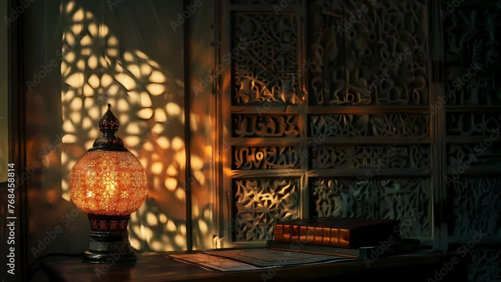 Animated 3D room with Eastern decor, featuring a lamp and the Quran on ...