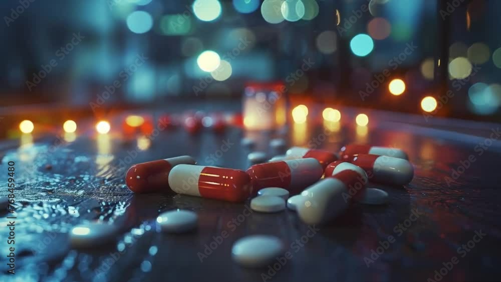 3D animation depicts pills scattered on a table, highlighting the ...