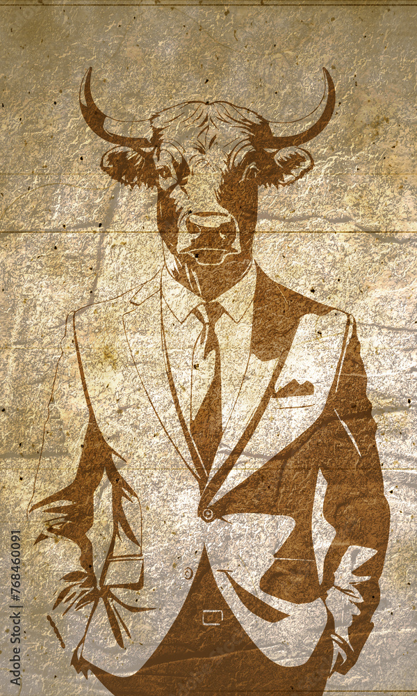 Businessman is associated with a bull. Anthropomorphized bull wearing ...