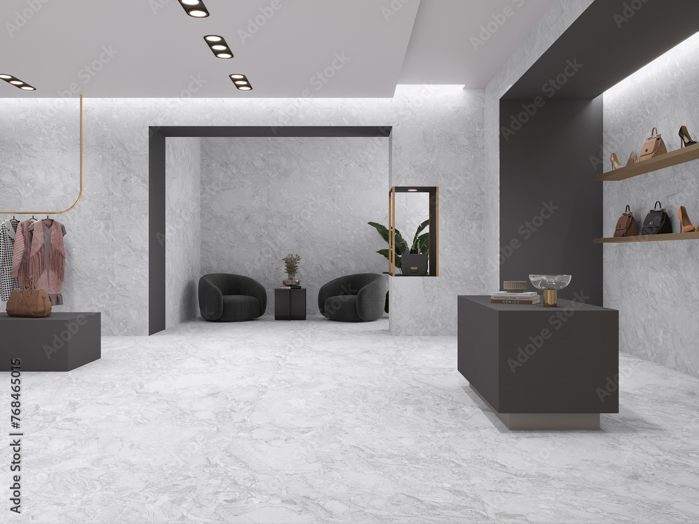 Luxury and fashionable brand window display. New collection of clothing ...