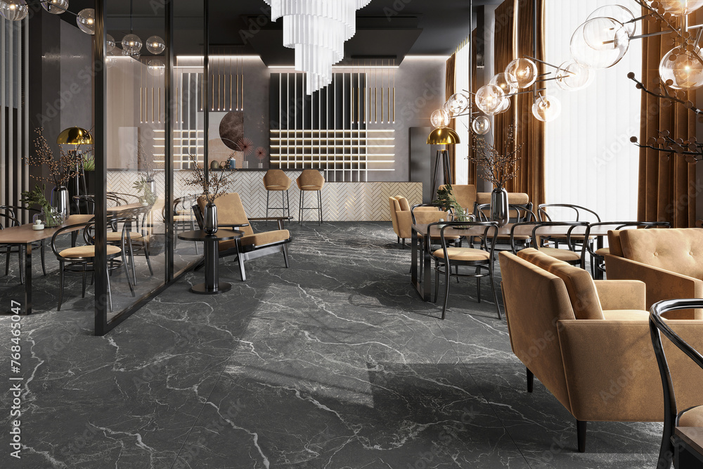 Modern industrial style cafe bar interior corner with wooden and glass ...