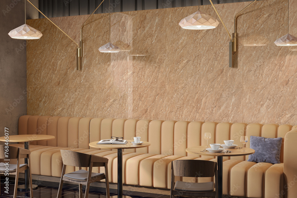 Beige restaurant interior with good ambiance, beige marble wall and ...