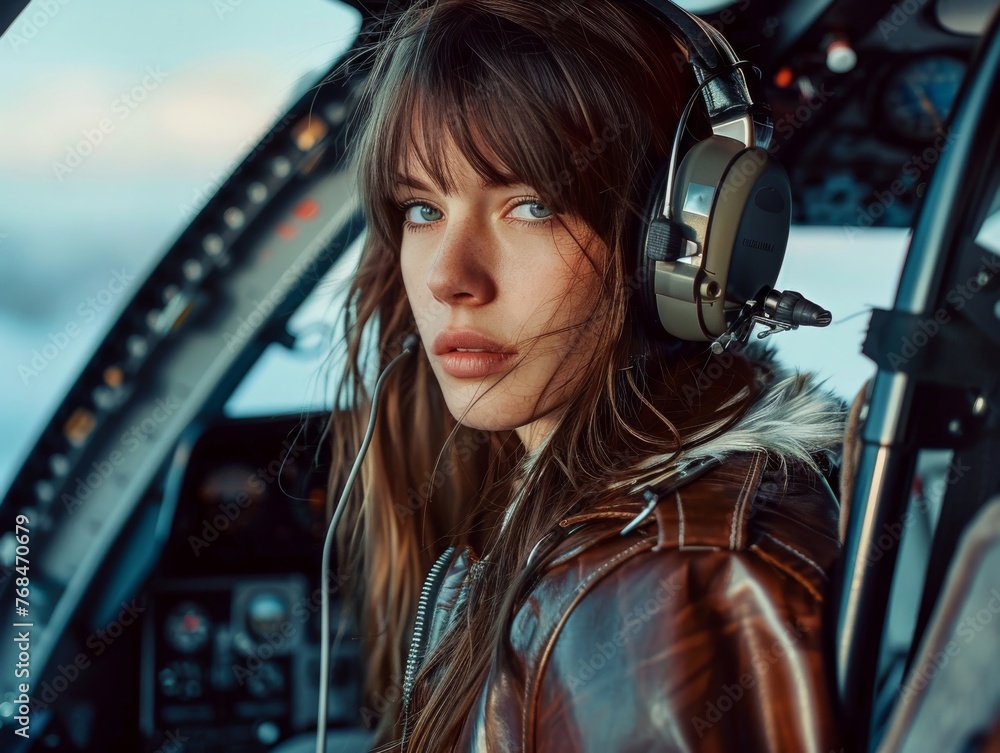 Female Pilot in Vintage Aircraft. Close-up of an empowered female pilot ...