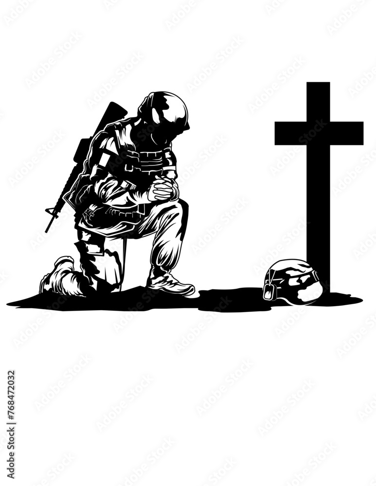 Soldier Kneeling At Cross Illustration Fallen Soldier Vector Kneeling
