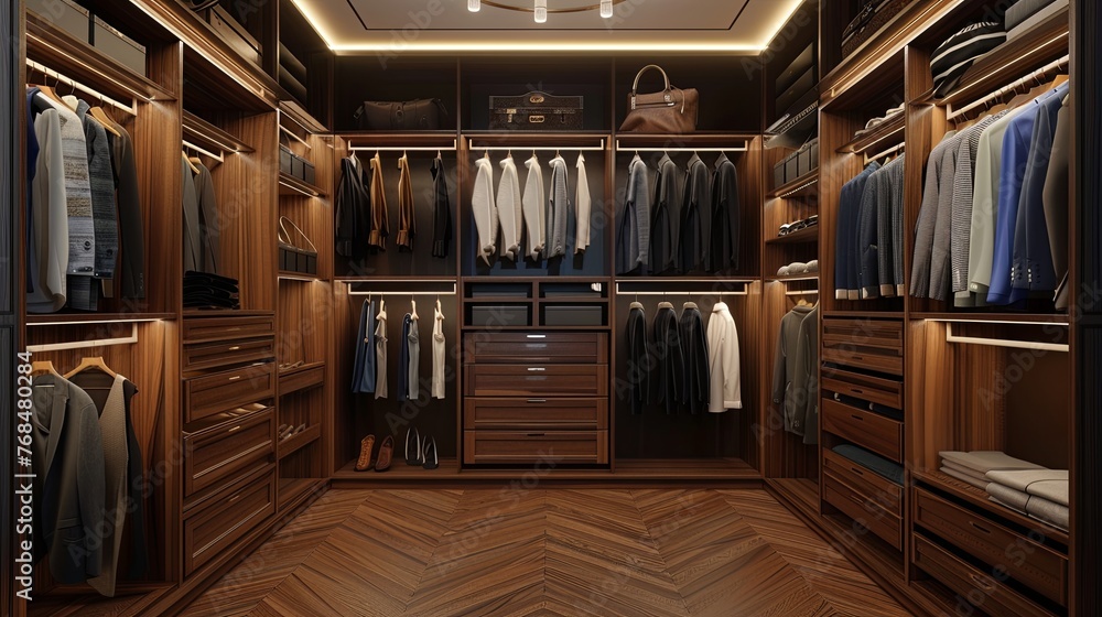 walk-in closet. Modern dark wooden walk in wardrobe with clothes hanging on rail, 3d walk in ...